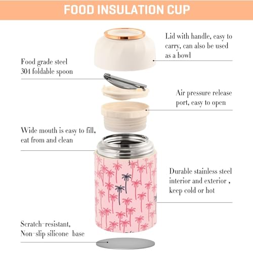 JUNZAN Palm Pink Black Kids Womens Insulated Food Jar Container with Spoon 17oz/500ml Keep Warm Food Containers Stainless Steel Vacuum Leakproof Thermo Flask for Keep Warm Food