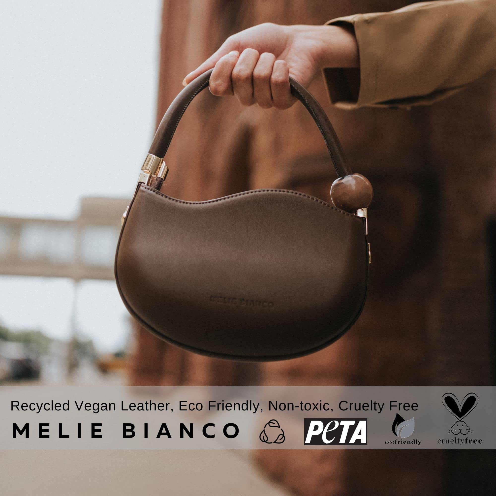 Melie Bianco Jennie Bag - Luxury Vegan Leather Handbag - Compact Design, Crossbody Capabilities, Zip Closure - 100% Recycled Fabric - Versatile for Work, Date-Night, Casual & Evening Wear - Chocolate