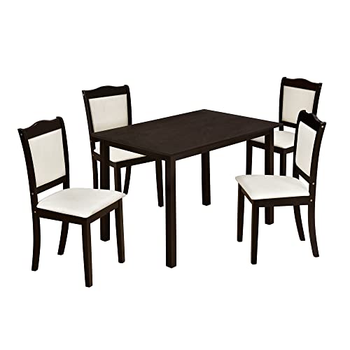 GLORHOME 5-Piece Mid-Century Wood Dining Table Set with 4 Upholstered Chairs for Family Kitchen Small Places, Espresso+White