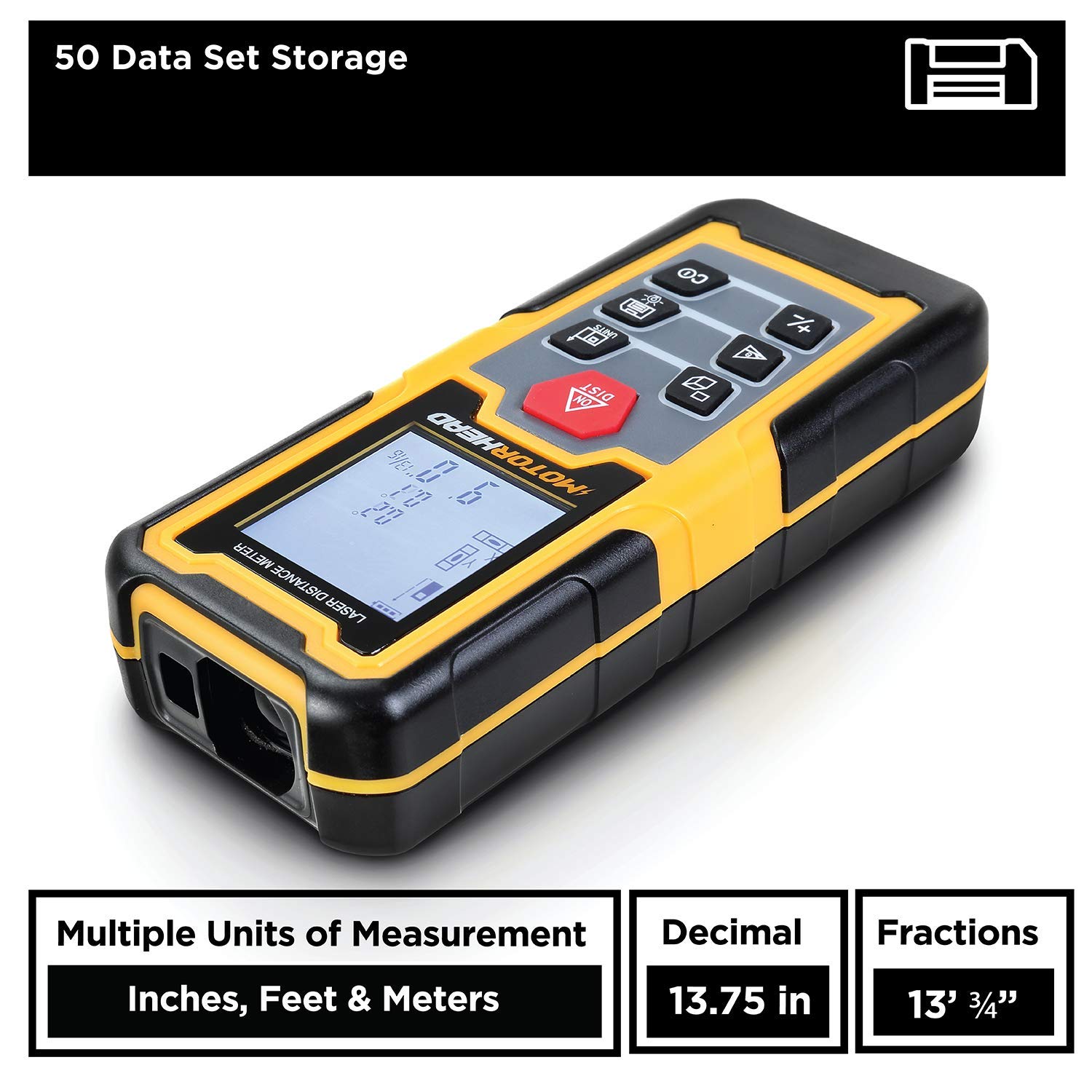 MOTORHEAD 196Ft/60M Laser Measure, Laser Distance Measure w/Digital Level & Angle Sensor, M/in/Ft, 50 Data Set Storage, 3 Measurement Points, Backlit LCD, Pythagorean, Area & Volume Functions
