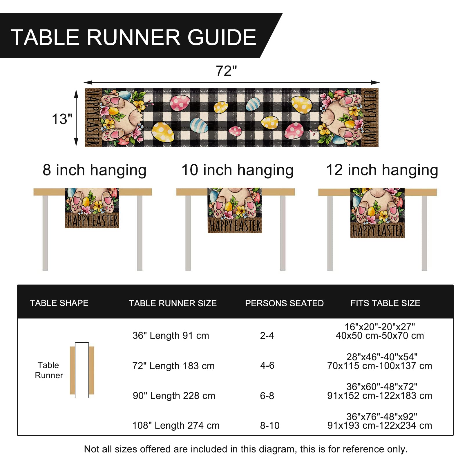 Seliem Happy Easter Bunny Rabbit Table Runner, Eggs Black Buffalo Plaid Check Kitchen Dining Table Decor, Flowers Spring Burlap Home Decoration Indoor Outdoor Holiday Party Supply 13 x 72 Inches