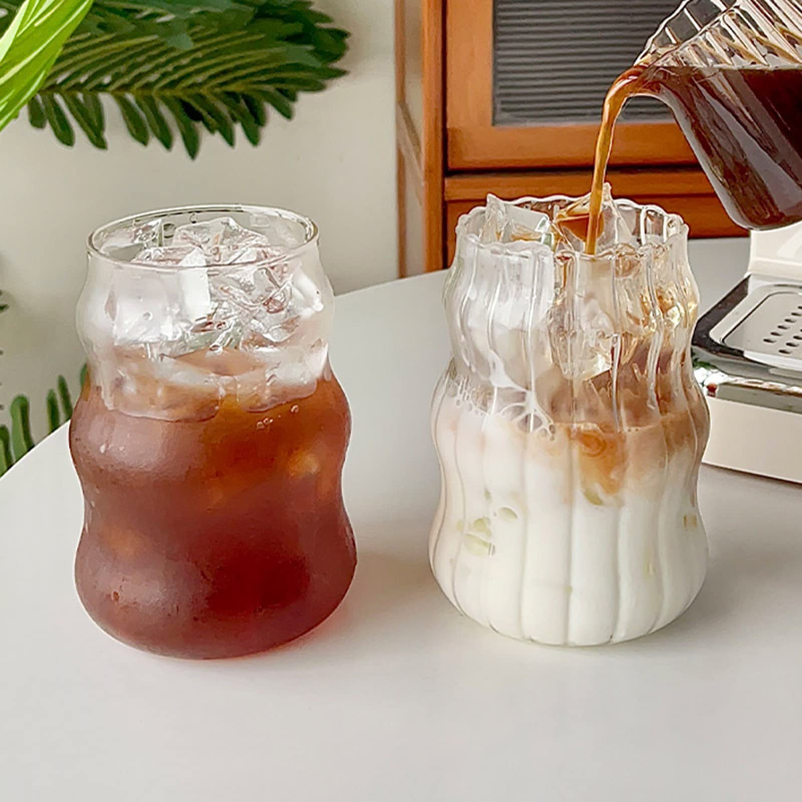 Maritown Ribbed Glassware Drinking Glasses with Straws, 18oz Ripple Glass Cups, Iced Coffee Glasses, Wave Shape Beverage Glasses, Cute Tumbler Cup for Cocktail Whiskey Beer Tea Smoothie Juice