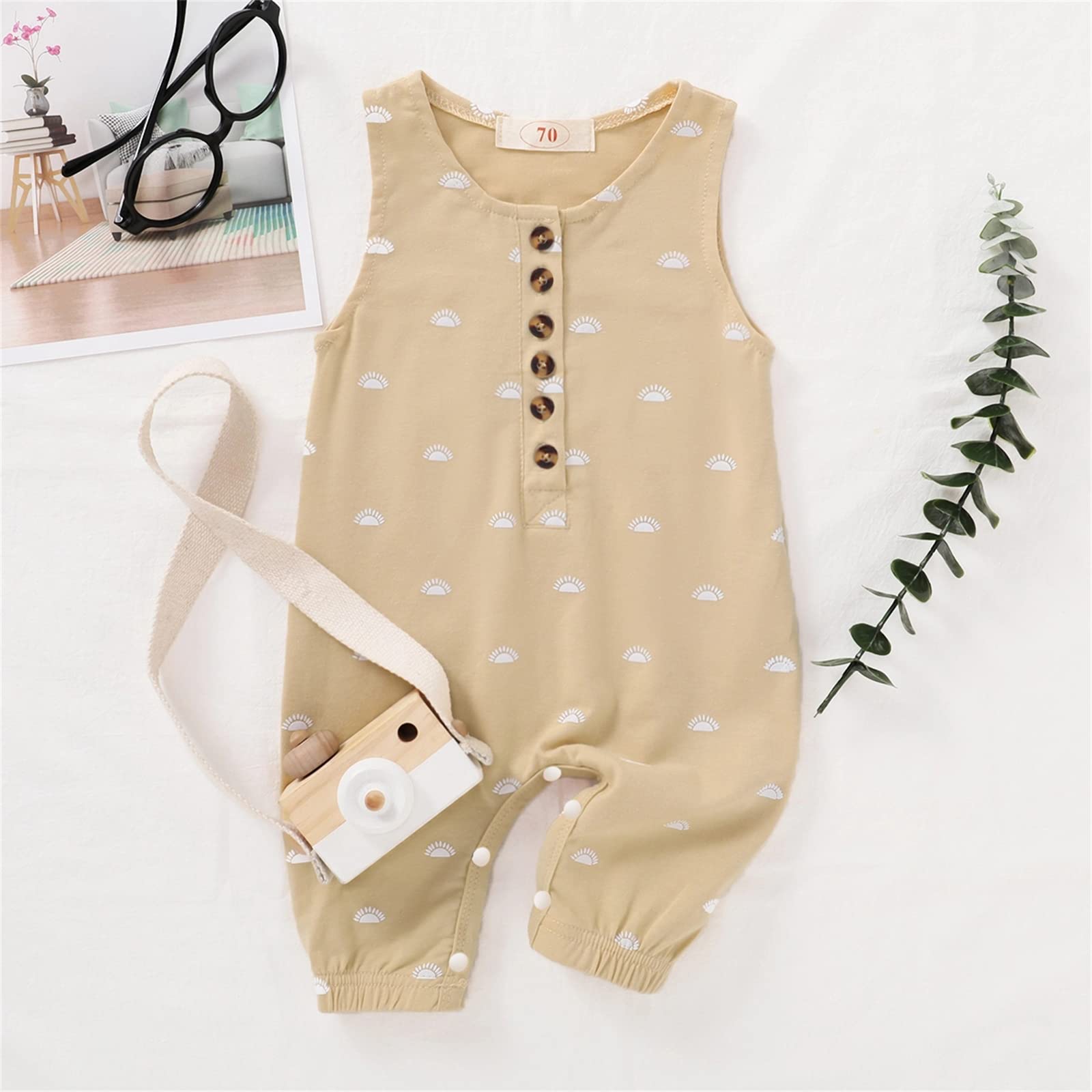 PATPAT Baby Boy Rompers Sleeveless Button Up Print Striped Solid Color Tank Jumpsuit Clothes Outfits Light Blue 6-9 Months