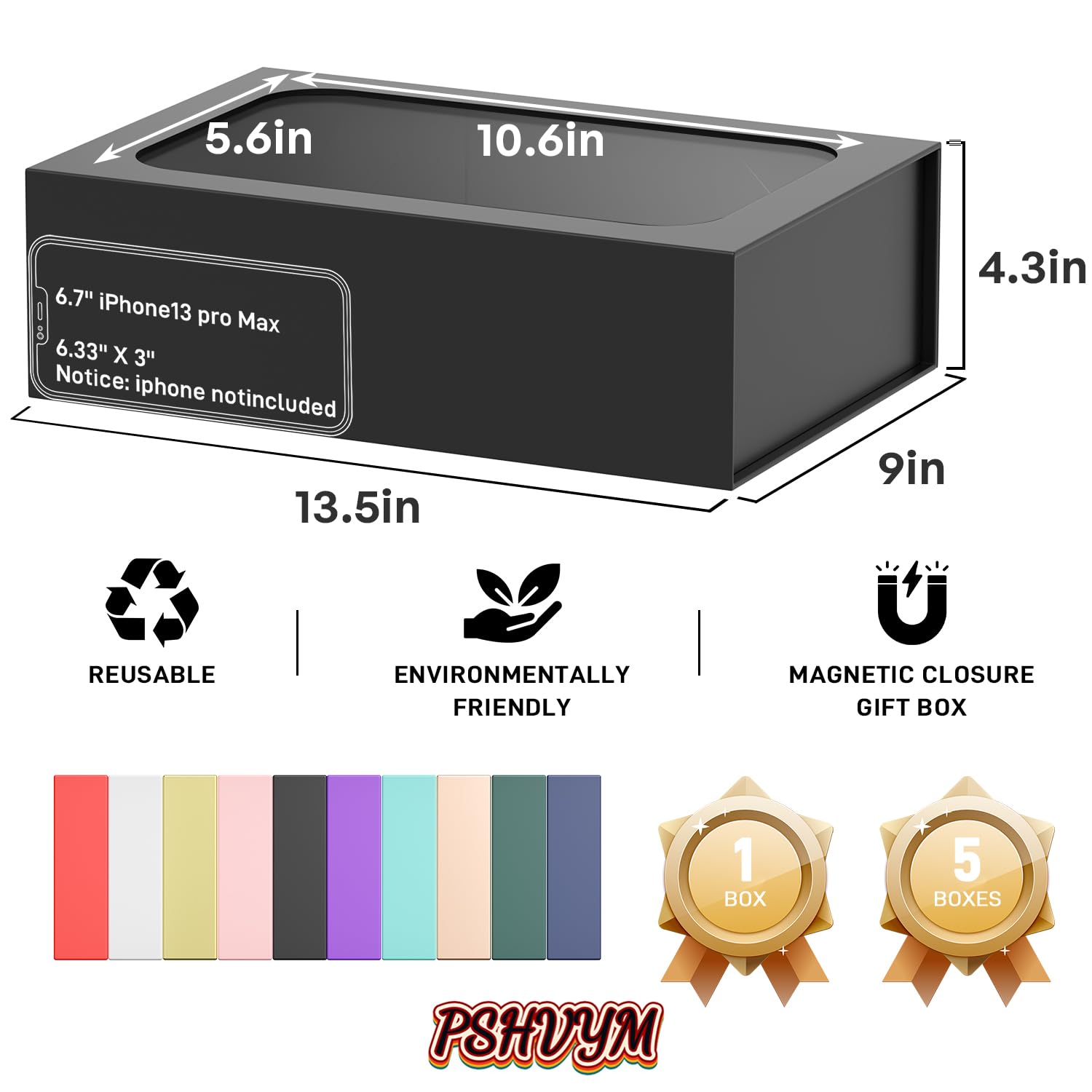 PSHVYM Large Gift Box with Window, 13.5x9x4.3 In Black Gift Box for Presents Magnetic Lids Collapsible for Groomsmen Proposal Box, Birthday, Graduation, Christmas, Contains Card, Ribbon