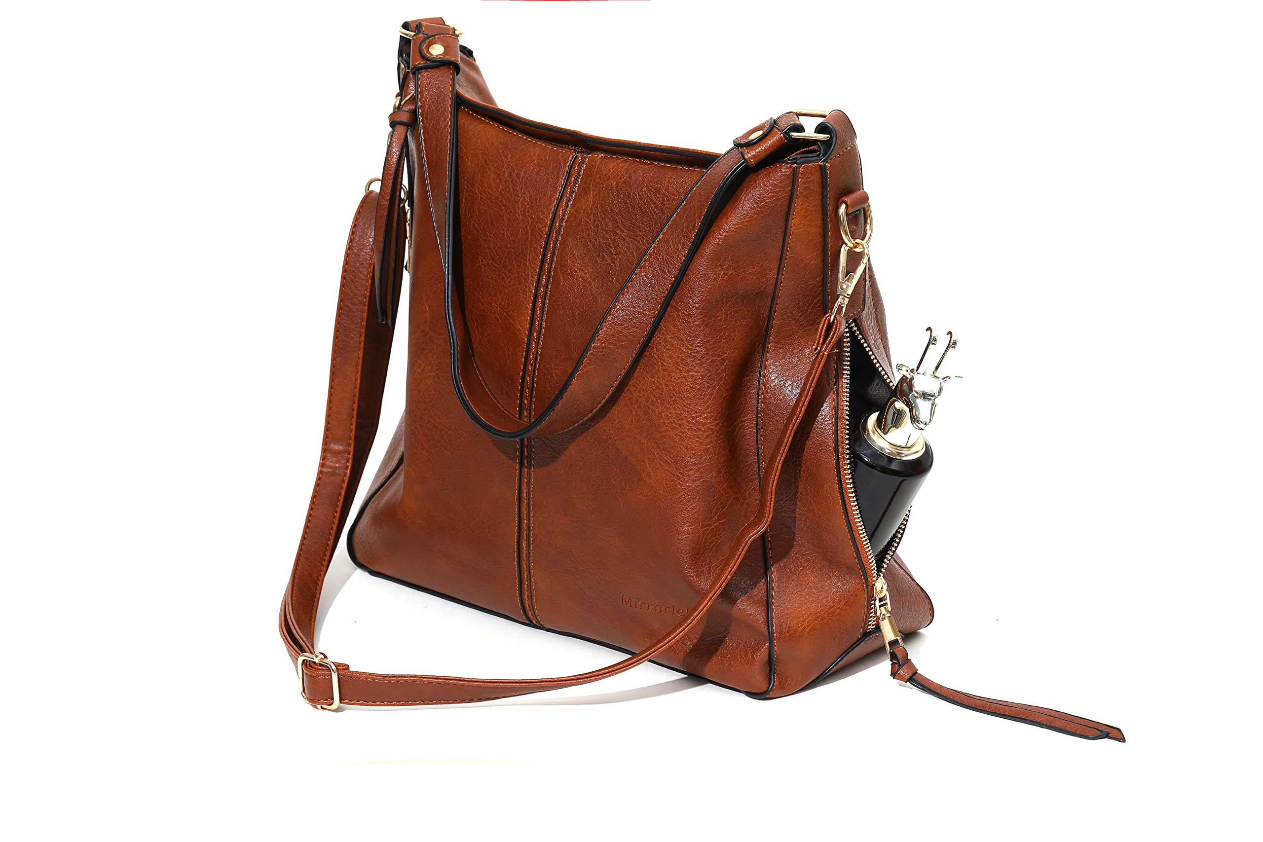 MIRRORLET Women’s Long Handle Bag (BROWN RUSSET) with three ZIPPERED POCKETS. Big shoulder bag for working and informal activities. (Environmentally friendly, non-leather from animals’ skin).