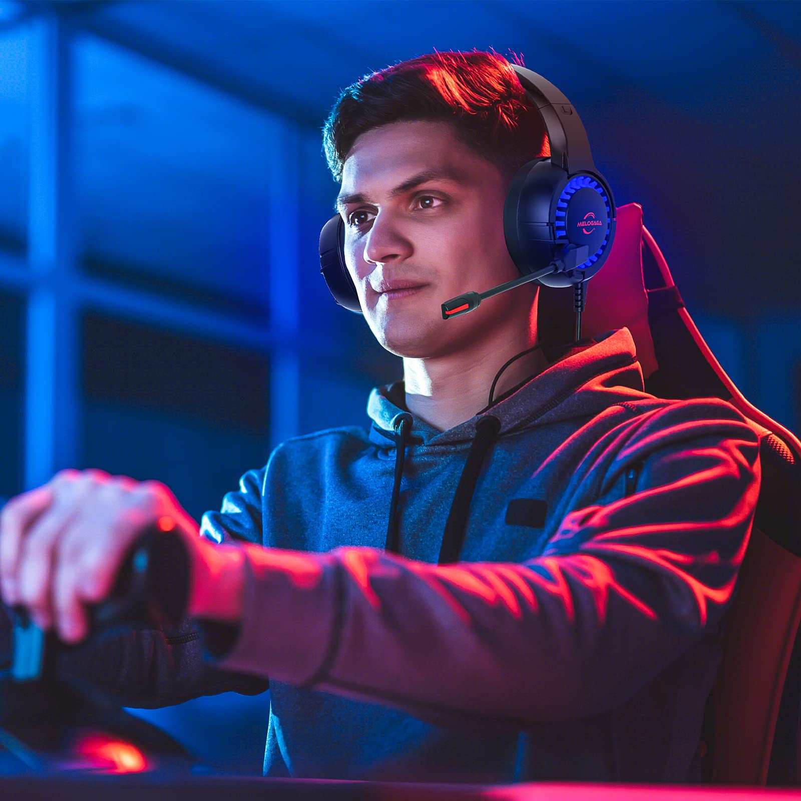 MELOGAGA USB Gaming Headset for PC PS4 PS5, 7.1 Surround Sound Headphones with RGB Breathing LED Lights& Noise Canceling Microphone, Over-Ear Game Headset for Playstation Console Laptops Computer