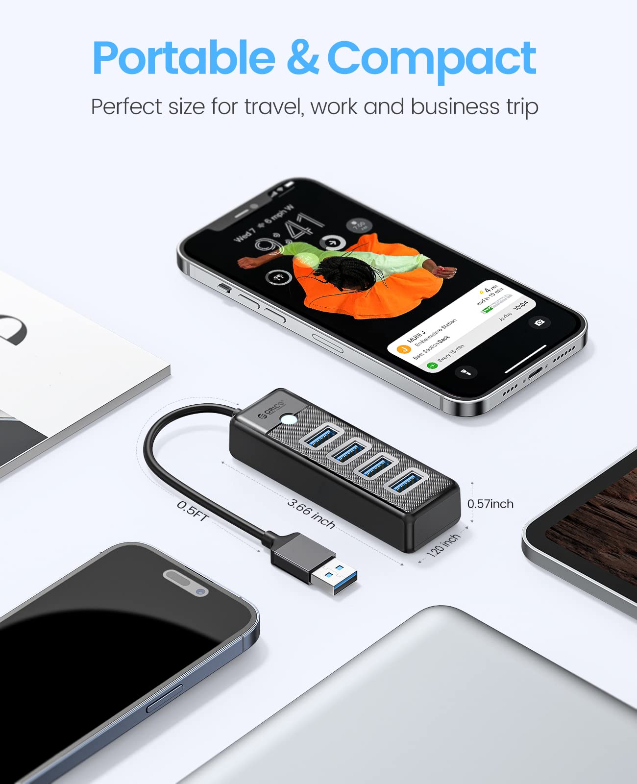 ORICO 4-Port USB HUB 3.0, USB Splitter for Laptop with 0.49ft Cable, Multi USB Port Expander, Fast Data Transfer Compatible with Mac OS 10.X and Above, Linux, Android-Black