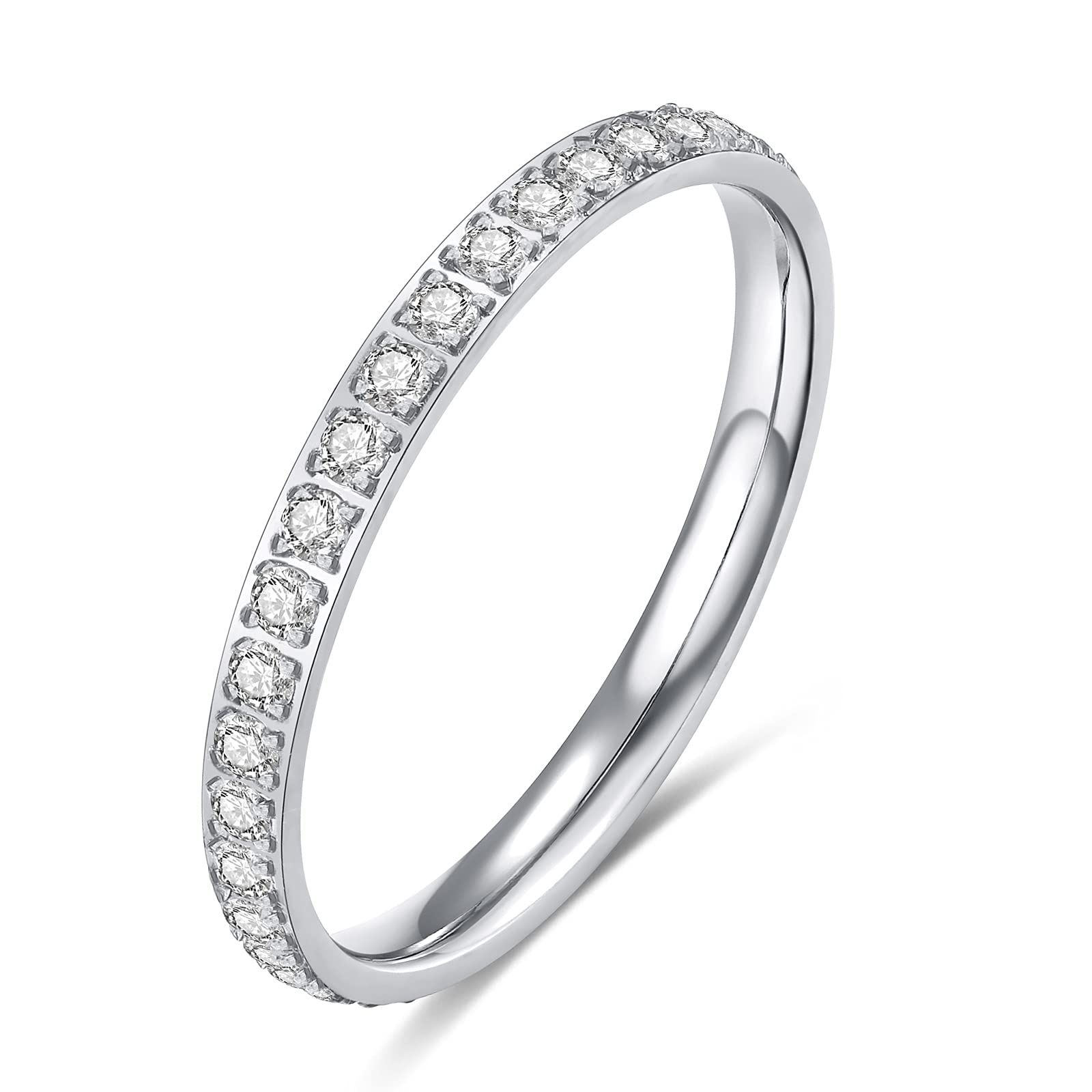 KAZITSAN 2mm Silver Stainless Steel Eternity Rings for Women Cubic Zirconia Engagement Wedding Band Size 5.5