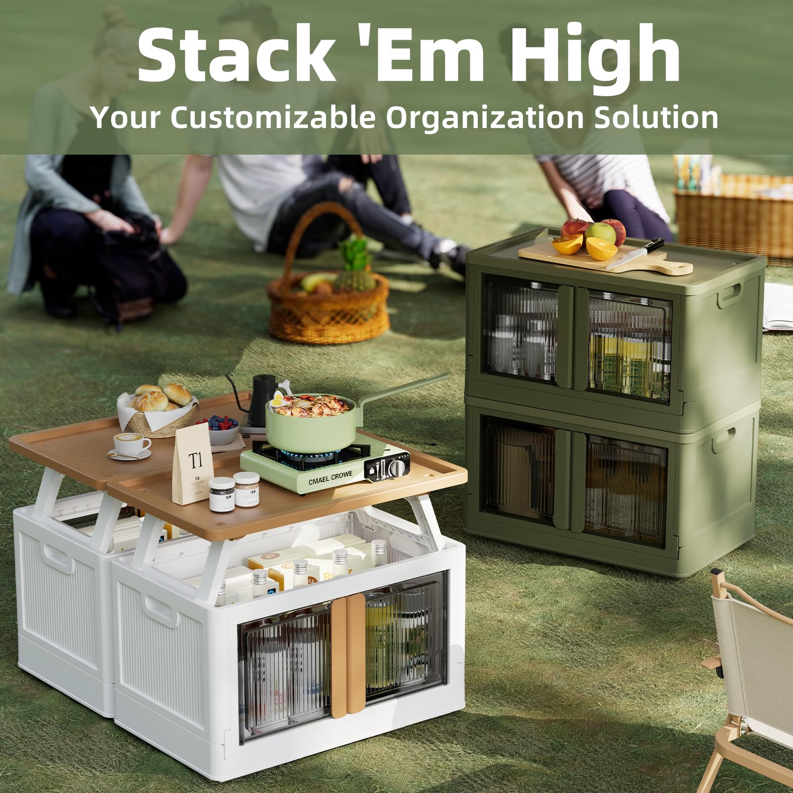 Outdoor Storage Box with Table Function, 100Qt Collapsible Trunk Organizers, Multifunctional Storage Container & Chuck Box for Picnics, Camping, Outdoor and Home (Green)