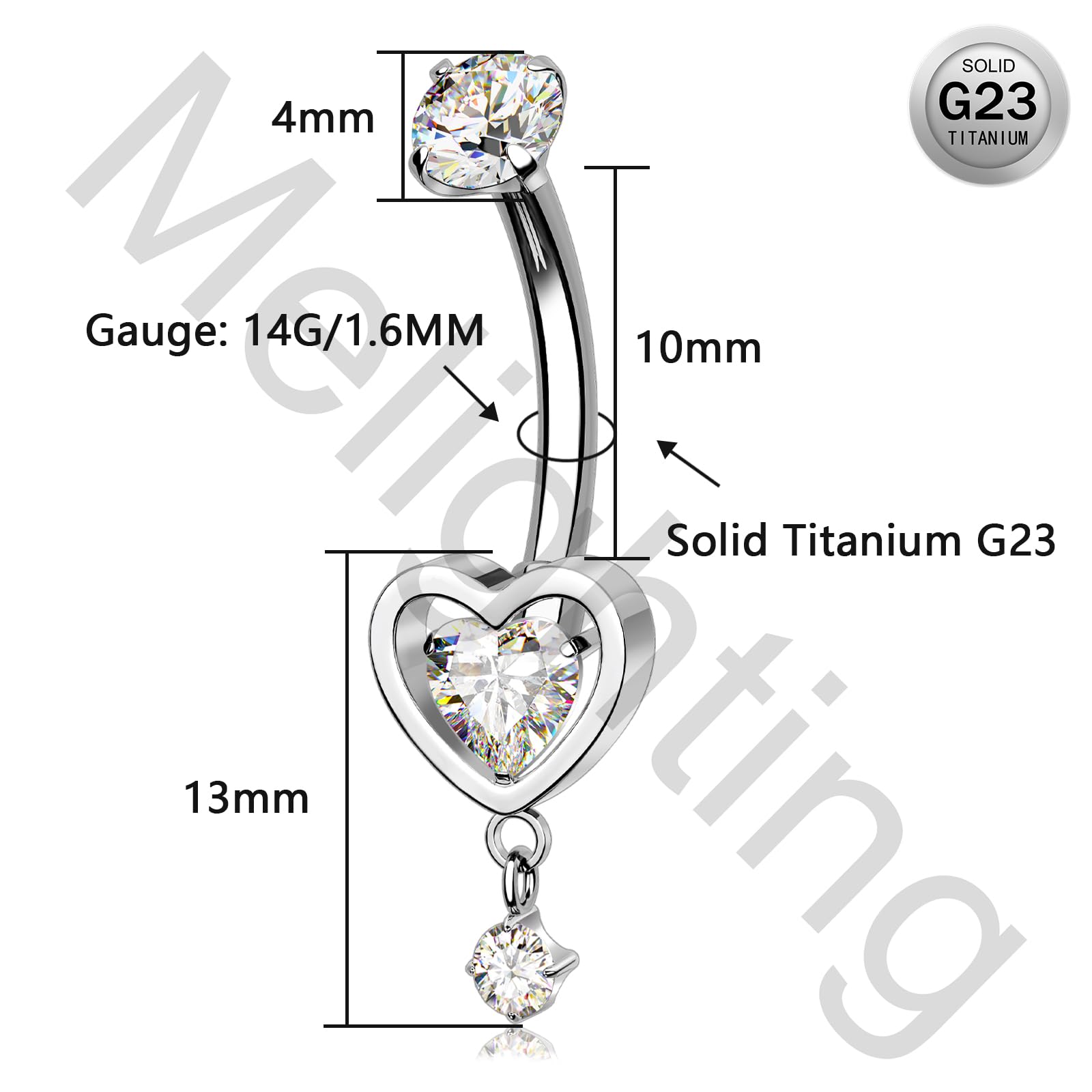 Melighting Heart Titanium Belly Button Ring Internally Threaded 14G Dangle Belly Ring Belly Piercing Jewelry Titanium G23 Naval Ring Clear Cz Body Piercing Jewelry