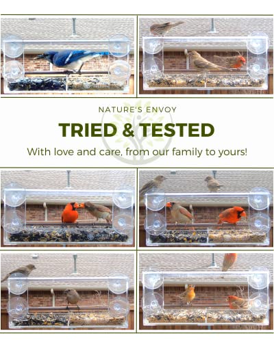Nature's Envoy Window Bird Feeder β Clear View for Birdwatching - Strong Suction Cups for Outside - Slide Out Seed Tray w/Drain Holes for Easy Refill & Clean - Acrylic Outdoor Feeder for Wild Birds