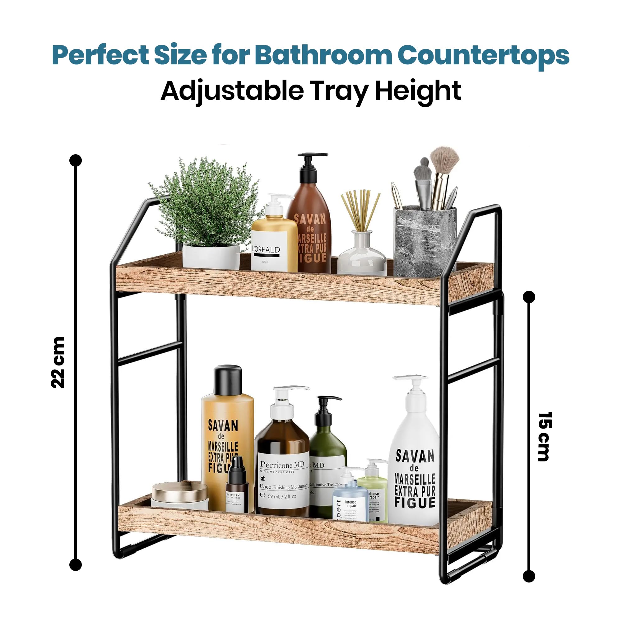 Queen Yasine 2-Tier Adjustable Bathroom Countertop Organizer with toilet paper holder β Quick Assembly, Solid Bamboo Wood Vanity Trays, Standing Cosmetic Storage Shelf for Bathroom, Bedroom or Kitchen