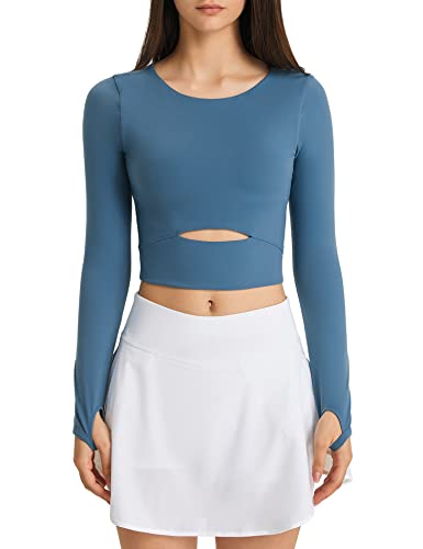 KTILG Workout Crop Tops Womens Long Sleeve Athletic Gym Compression Yoga Seamless Padded Shirt with Thumb Holes