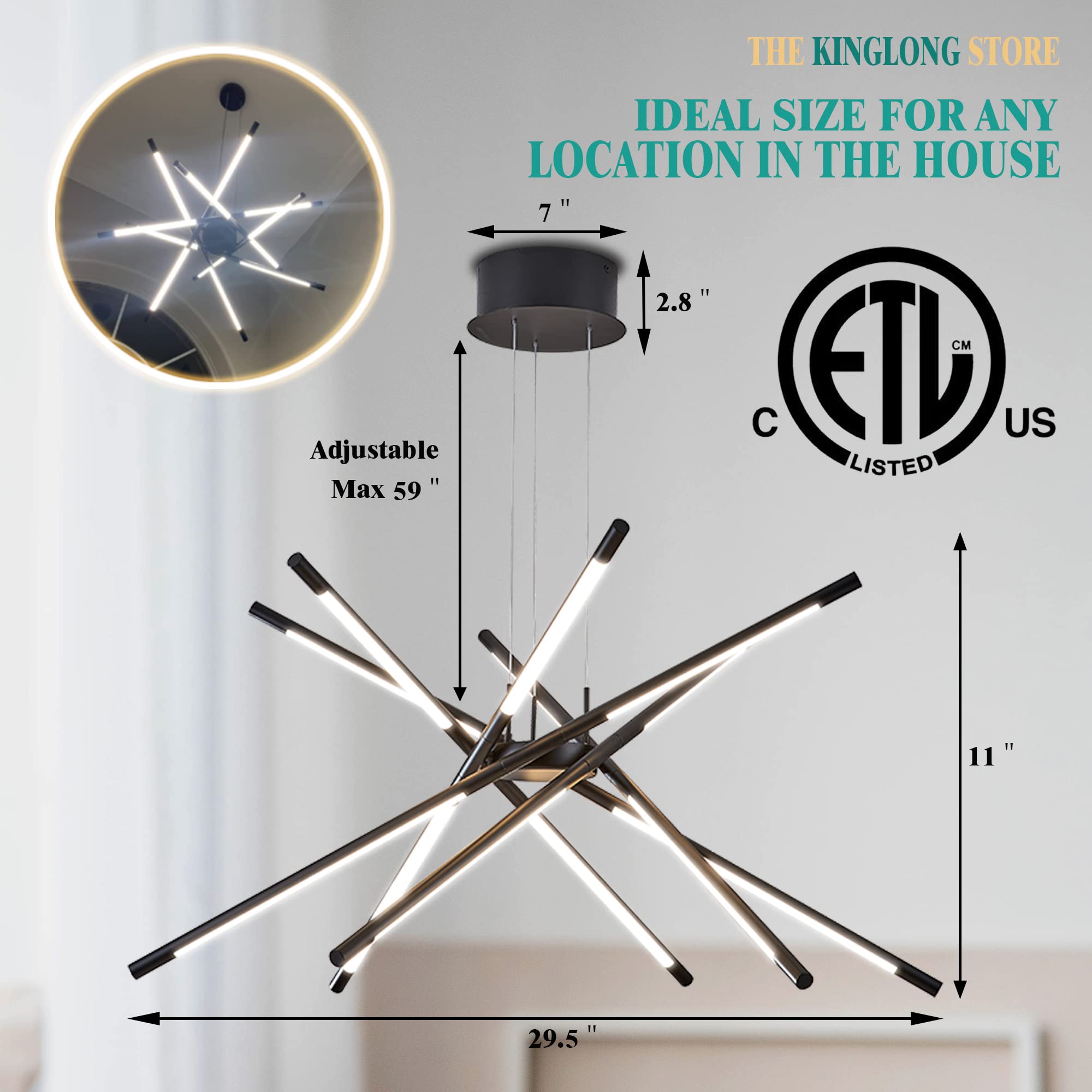 Kinglong Modern Led Ceiling Light Dimmable Black Chandelier Embedded Installation Fixture,Sputnik Pendant Light Pluggable New Art Lamp for Kitchen,Living Room Decoration Easy to Install(12 Heads)