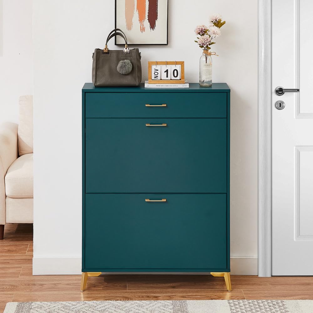 SPOFLYINN Shoe Storage Organizer Freestanding 8 Pair Storage Organizer with 2 Flip Door for Entryway Hallway Bedroom 32 x 10 x 43in Green