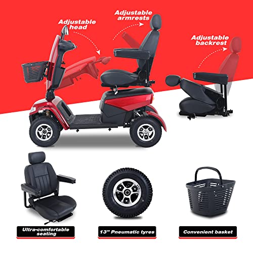 Metro Mobility 4 Wheel Heavy Duty Powered Mobility Scooters for Seniors - 400 lbs Capacity Motorized Scooter for Adults, Travel - Adapts to All Terrains with Exceptional Leg Room - Red