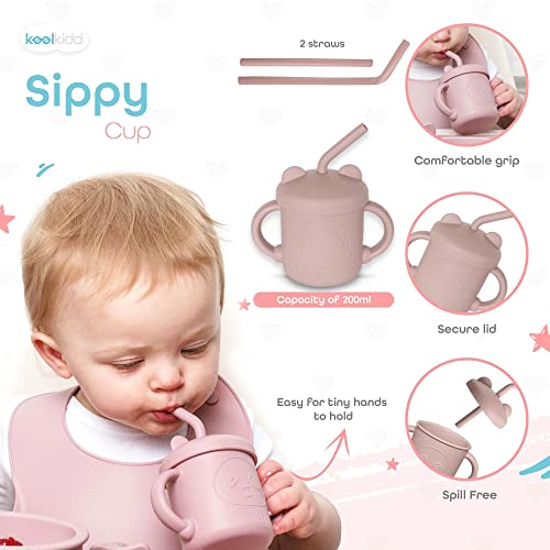 KOOLKIDD 11 in 1 Silicone Baby Feeding Set with Suction Bowl Plate Sippy Cup Spoons Forks Adjustable Bib Placemat for 6+ Months Dishwasher and Microwave Safe (Pink)