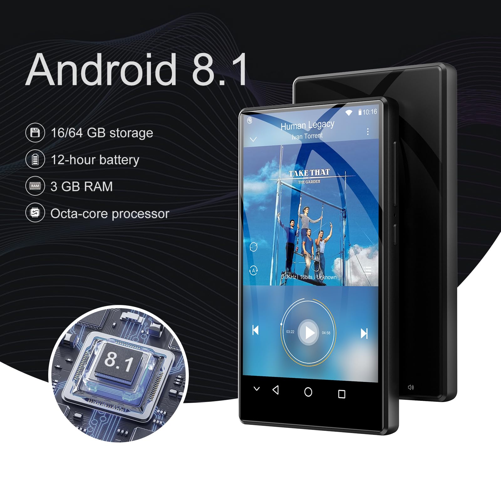 JOLIKE 80GB MP3 Player with Bluetooth and WiFi spotify and Pandora, Android Streaming audiobooks Audible and FM Radio 4.7-inch Touchscreen MP3&MP4 Music Player Kids MP3 Player with USB Support 215GB