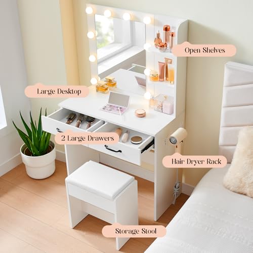 Vanity Desk with HD Mirror and Brighter Lights, 3-Colour Hollywood Brighter Bulbs, Cushioned Storage Stool, 6 Storage Spaces, Vanity with Power Strip & Hairdryer Holder, Bedroom Makeup Vanity, White
