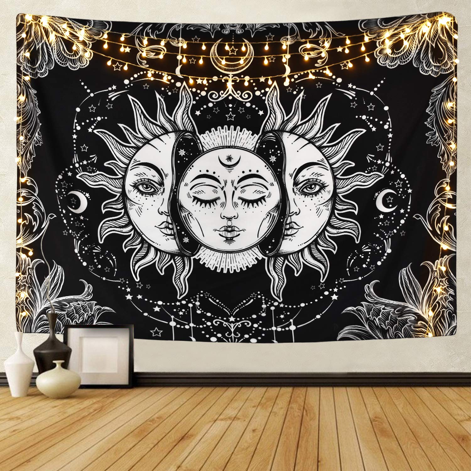 Huigatnn Pressy Sun and Moon Tapestry Burning Sun with Star Tapestry Psychedelic Tapestry Black and White Hippie