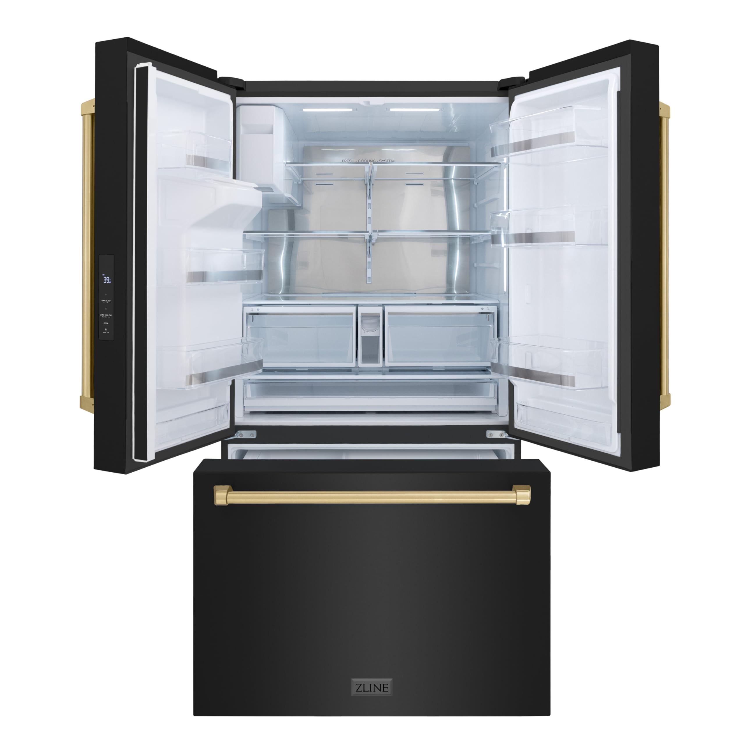 ZLINE Autograph Edition 36 in. 28.9 cu. ft. Standard-Depth French Door External Water Dispenser Refrigerator with Dual Ice Maker in Black Stainless Steel and Champagne Bronze Traditional Handles