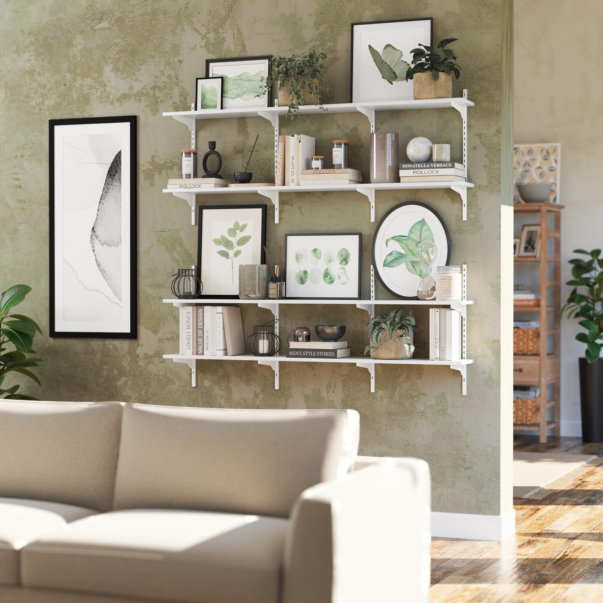 Wallniture Turin 60 inch x8 in Floating Shelves for Wall Decor, Floating Shelf System, Wall Book Shelf for Living Room, Wall Shelves with Adjustable Standard Rail Bracket System, White, Wood