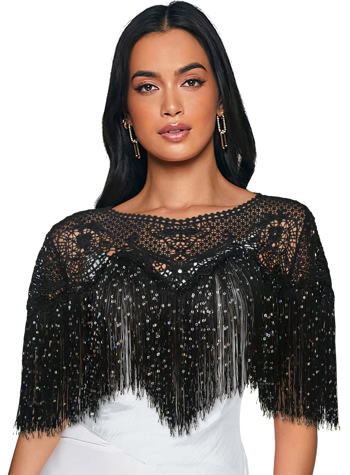 JEGERMIG Gothic Feather Fringe Sequins Shawl Flapper Dress Cape for Evening Dress Wedding Party