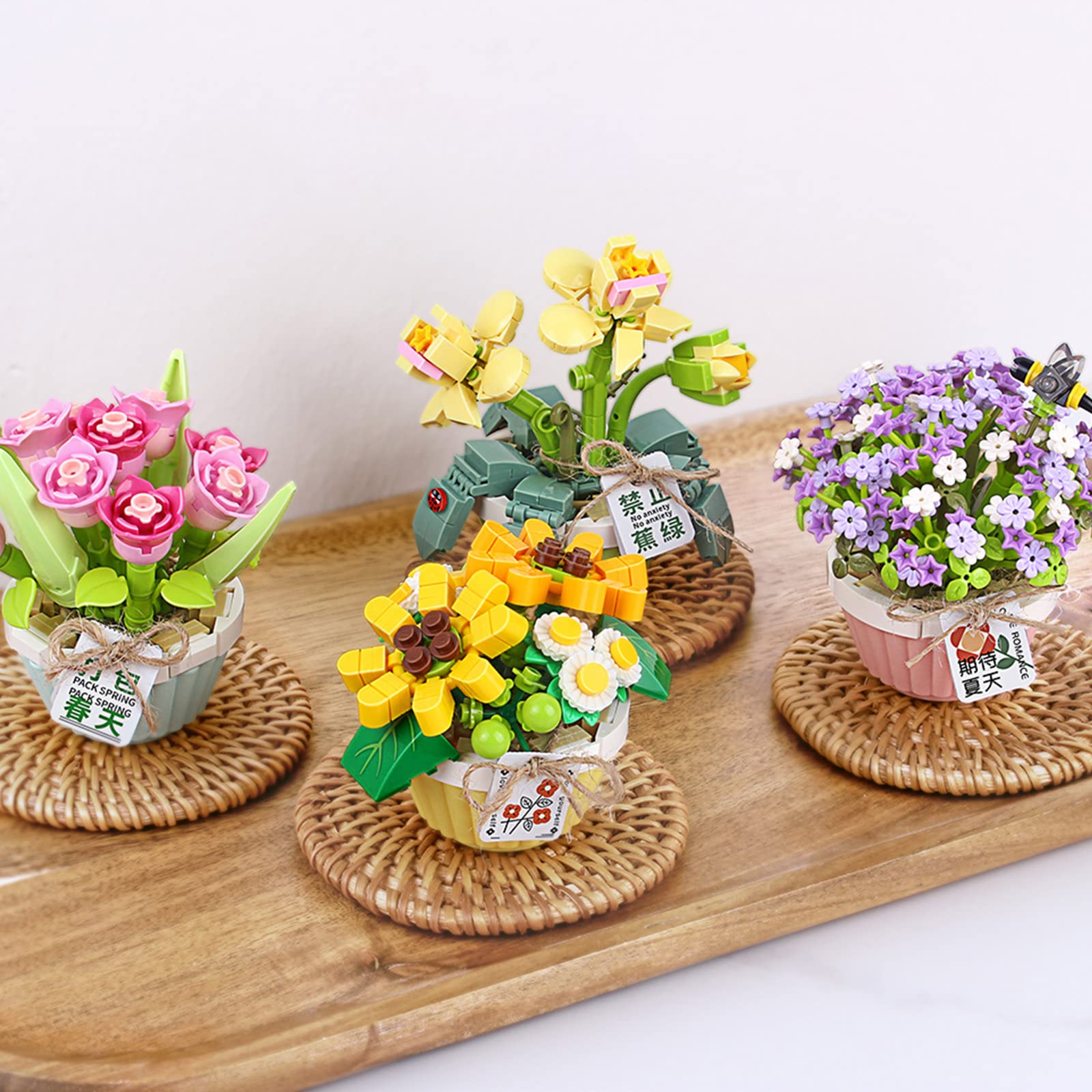 MEIEST Mini Building Blocks Bonsai Plant Model Set,2 in 1 Creative DIY Simulation Particle Flower Succulent Botanical Collection Construction Building Bricks Toy for Kids Adult Home Decor (Spring)