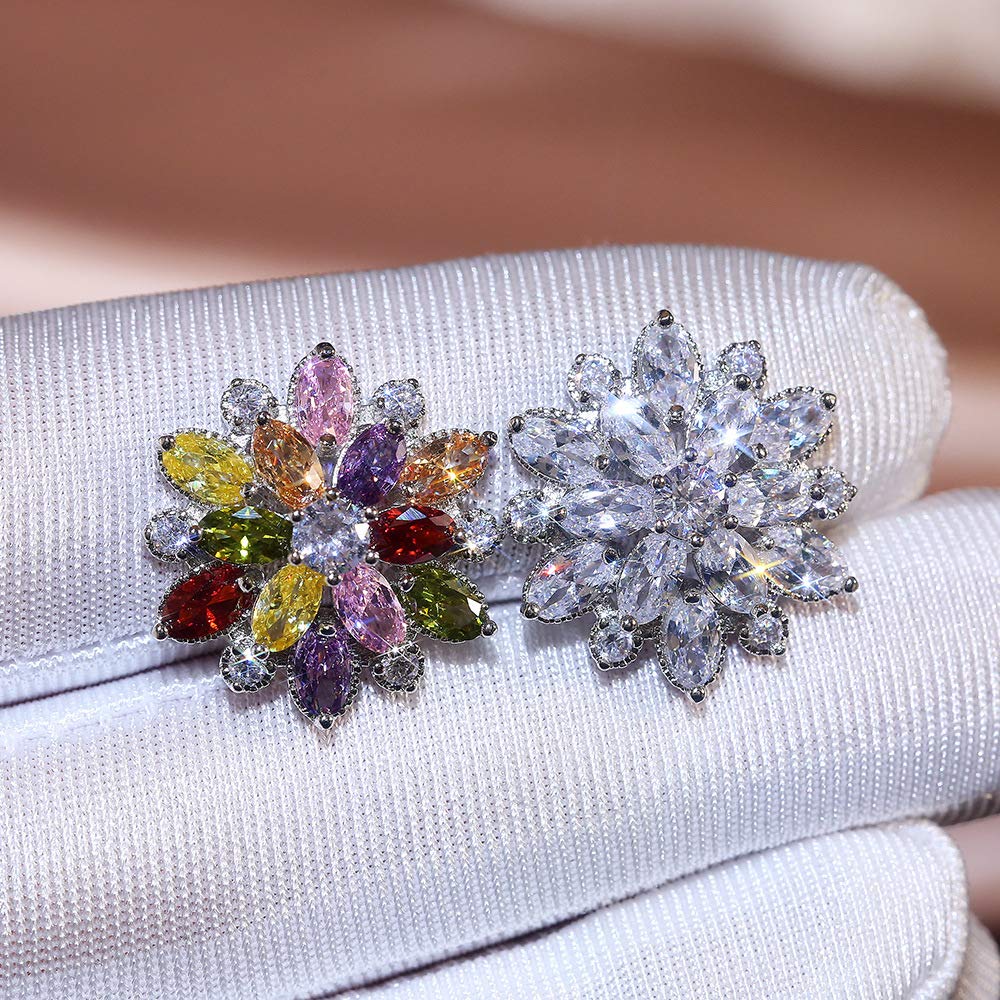 Luxury Full Diamond Sun Flower Earrings, 925 Zircon Wedding Party Bridal Earrings, Highlight The Temperament Earrings for Party, Christmas Decorations Gift for Womens (White)