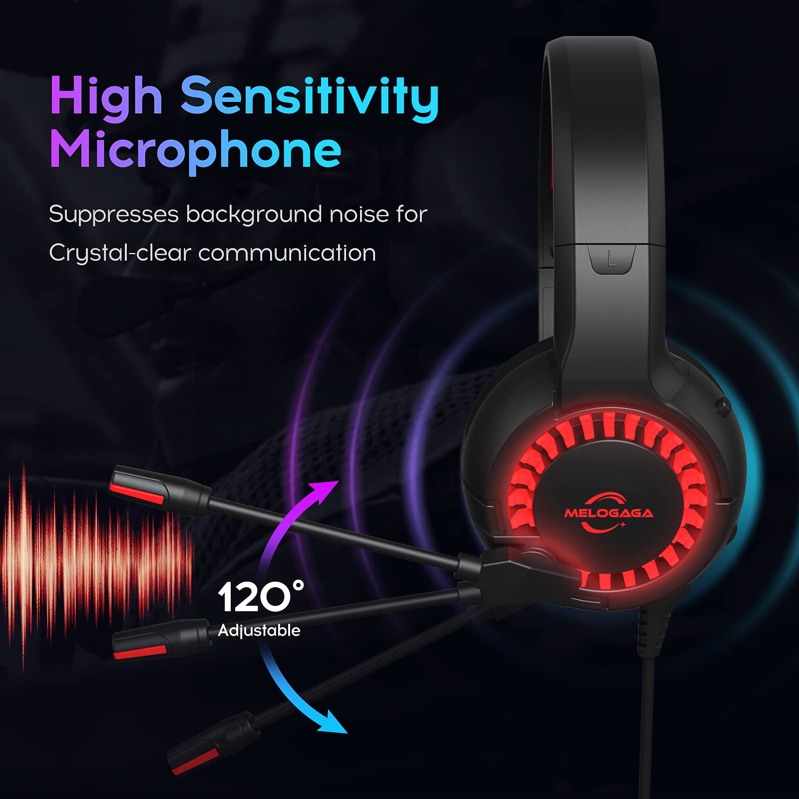 MELOGAGA USB Gaming Headset for PC PS4 PS5, 7.1 Surround Sound Headphones with RGB Breathing LED Lights& Noise Canceling Microphone, Over-Ear Game Headset for Playstation Console Laptops Computer