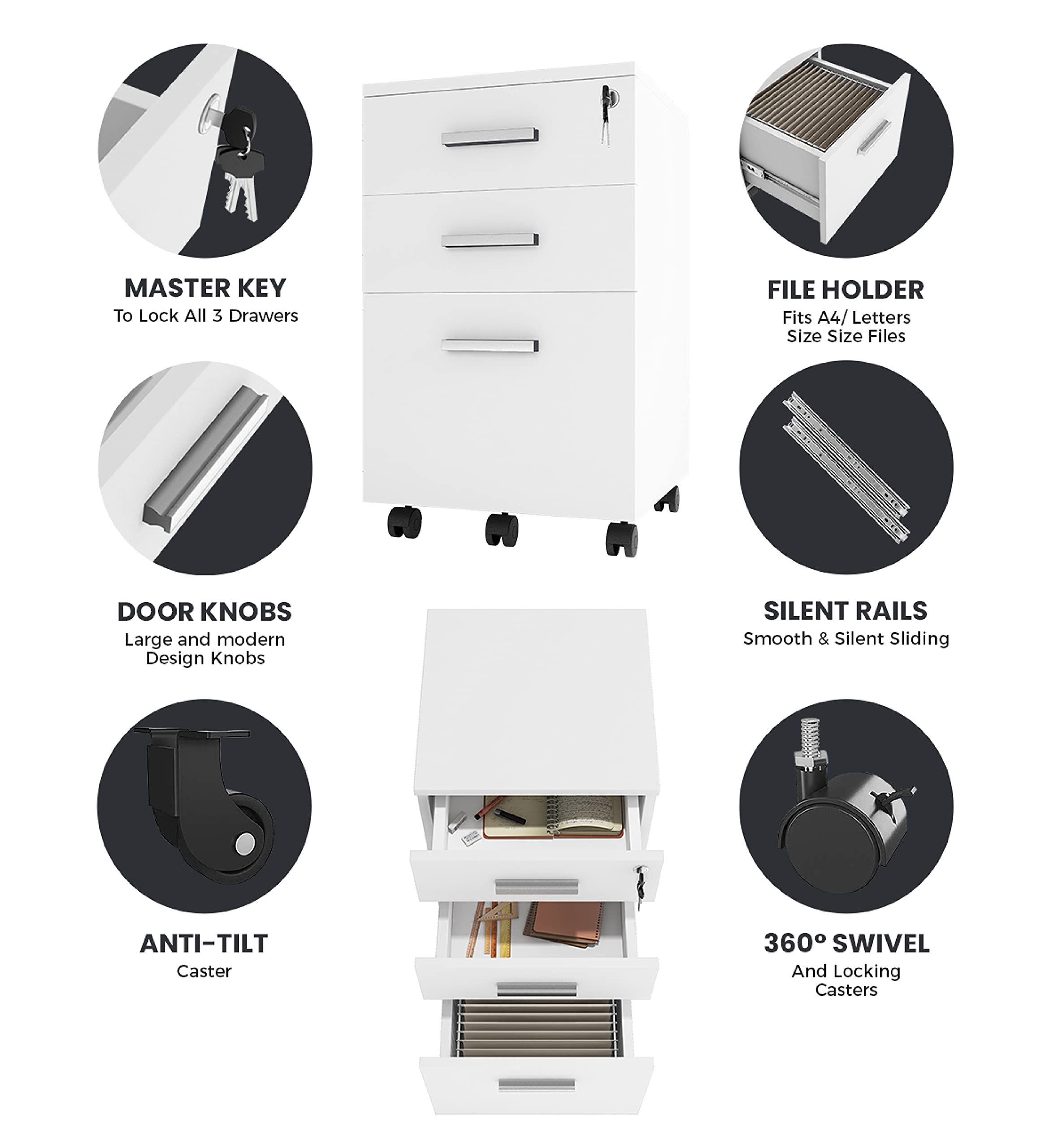 Lazio 26 Inch File Cabinet with Lock - Filing Cabinet for Home and Office - 3 Drawer File Cabinet with Wheels for A4 Sized Letters/Documents, Legal Sized Documents, Hanging File Folders - White/White