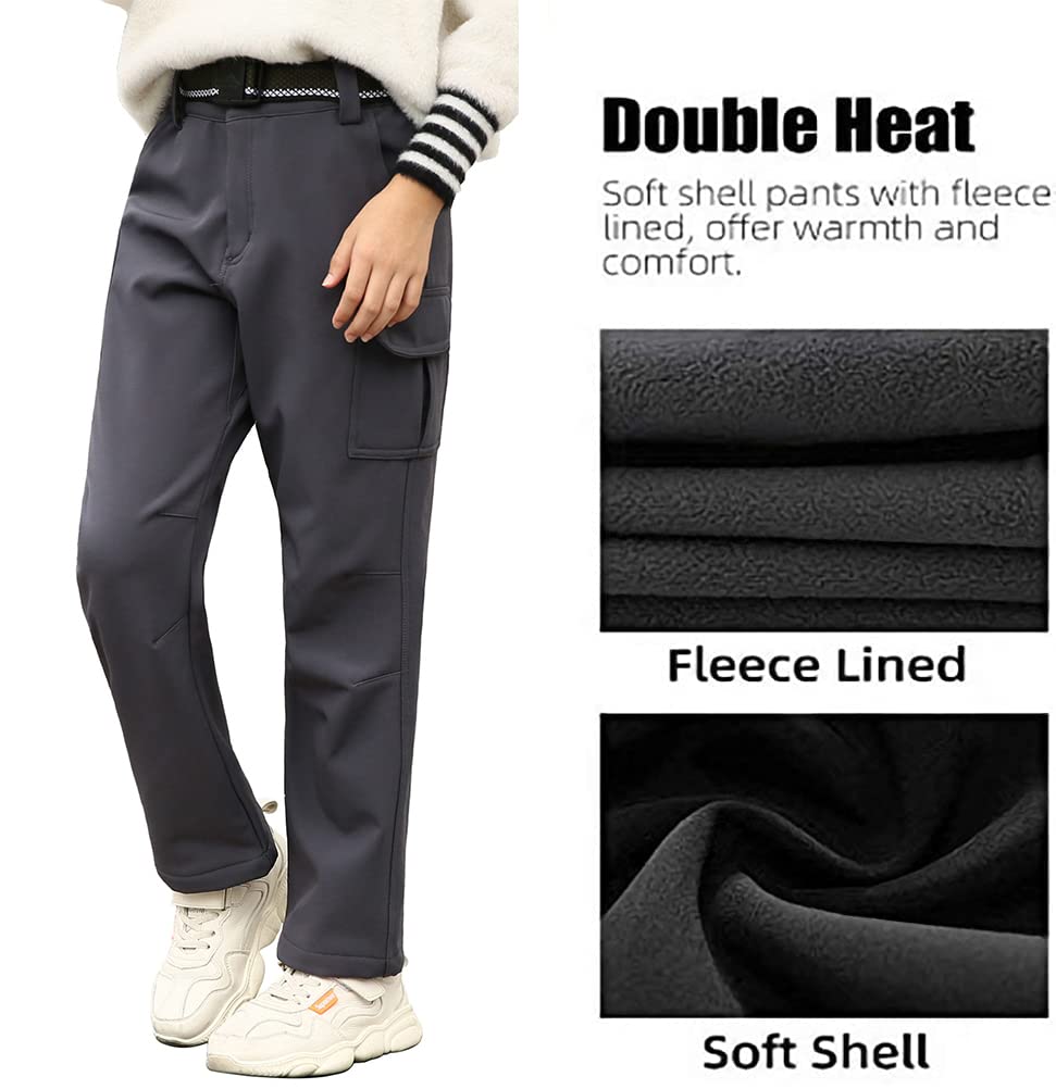JOMLUN Kids Boy's Youth Fleece Lined Hiking Pants Outdoor Soft shell Snow Ski Waterproof Windproof Warm Cargo Insulated Pants Winter
