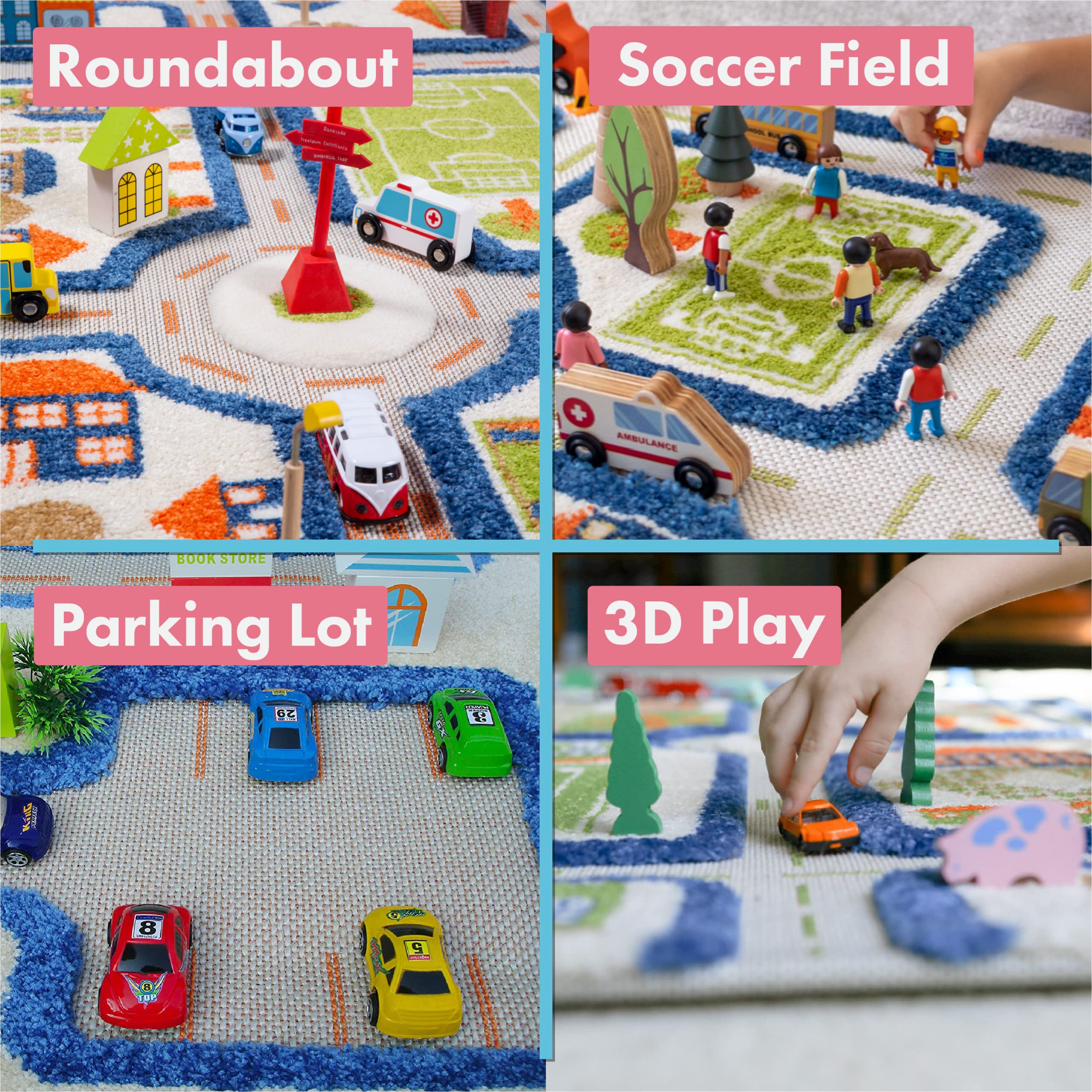 IVI Traffic Blue 3D Montessori Play Mat, Non-Toxic, Stain Resistant, Educational Activity Toys for Kids, 59" L x 33" W