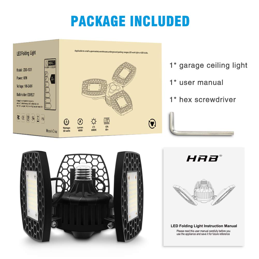 HRB LED Garage Light Upgrade Garage Light Garage Lights Ceiling LED Shop Light 60W Deformable Garage Lights LED, for Shop, Workshop, Garage
