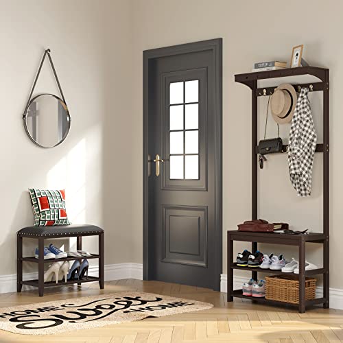 SEIRIONE Bamboo Coat Rack Shoe Bench, 5 in 1 Design Freestanding Hall Tree for Entryway Storage Organizer, 10 Hanger Hooks, 1 Upper Shelf, Easy Assembly,Dark Brown