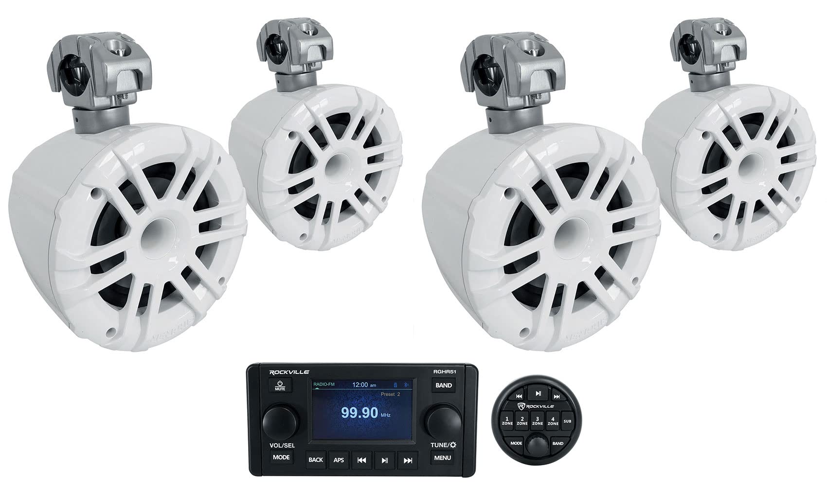 Memphis Audio 4 MXA62TW 6.5" Marine Wakeboard Tower Speakers/LED+Swivel White Bundle with Rockville RGHR51 5 Zone Single Din Marine Receiver (5 Items)