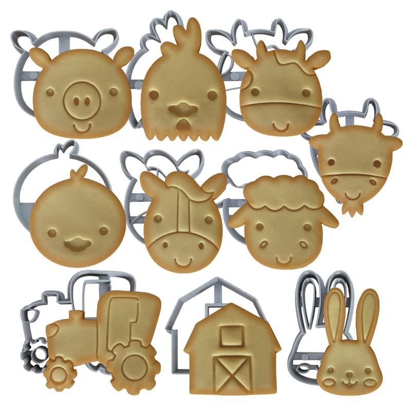 Moose Goods Farm Animal Cookie Cutters - Set of 10 Cookie Cutters for Kids Birthday Party or Themed Parties - Includes Chicken, Pig, Cow, Horse, Duck, Goat, Sheep, Bunny, Barn, & Tractor Cookie Cutter