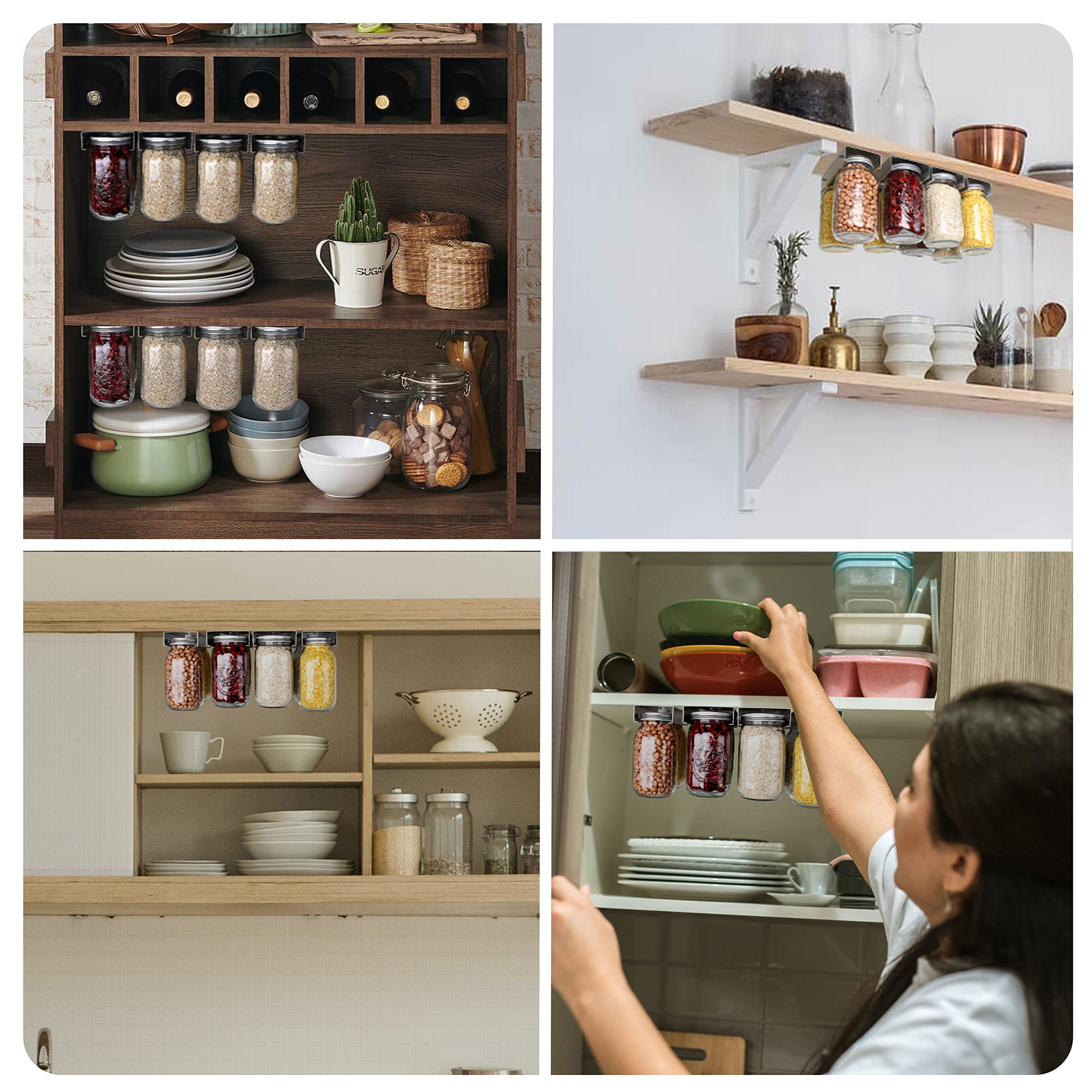 lopeztek Mason Jar Organizer Holder Rack for Food Storage, Under Cabinet Shelf Canning Hanger Accessories for 4oz, 8oz, 12oz, 16oz, 24oz, 32oz, 64oz (2 Pcs-Regular)
