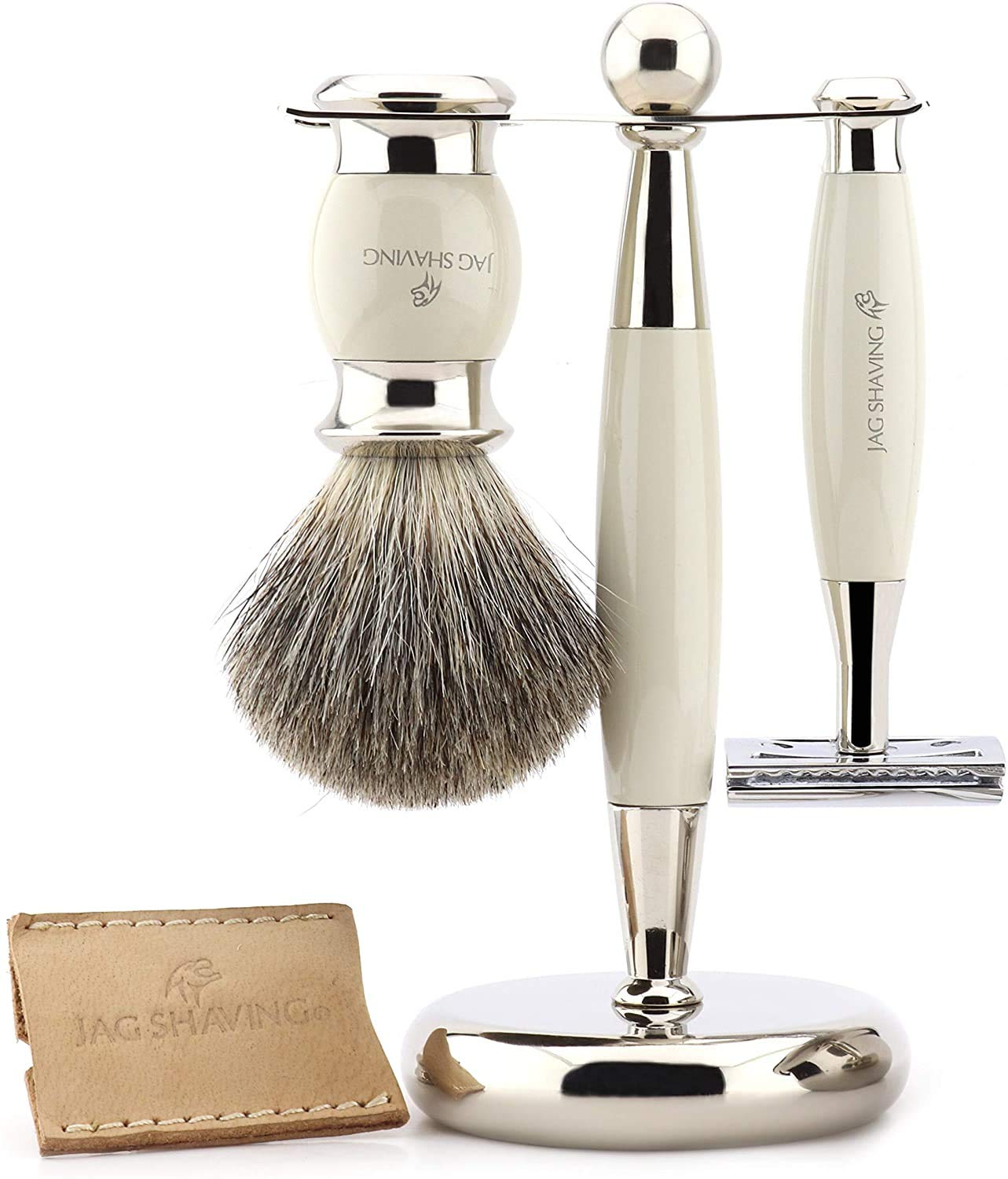 Ivory Mens Shaving Kit Double Edge Safety Razor with Leather Case, Super Badger Hair Brush and Stand Perfect Set for Men