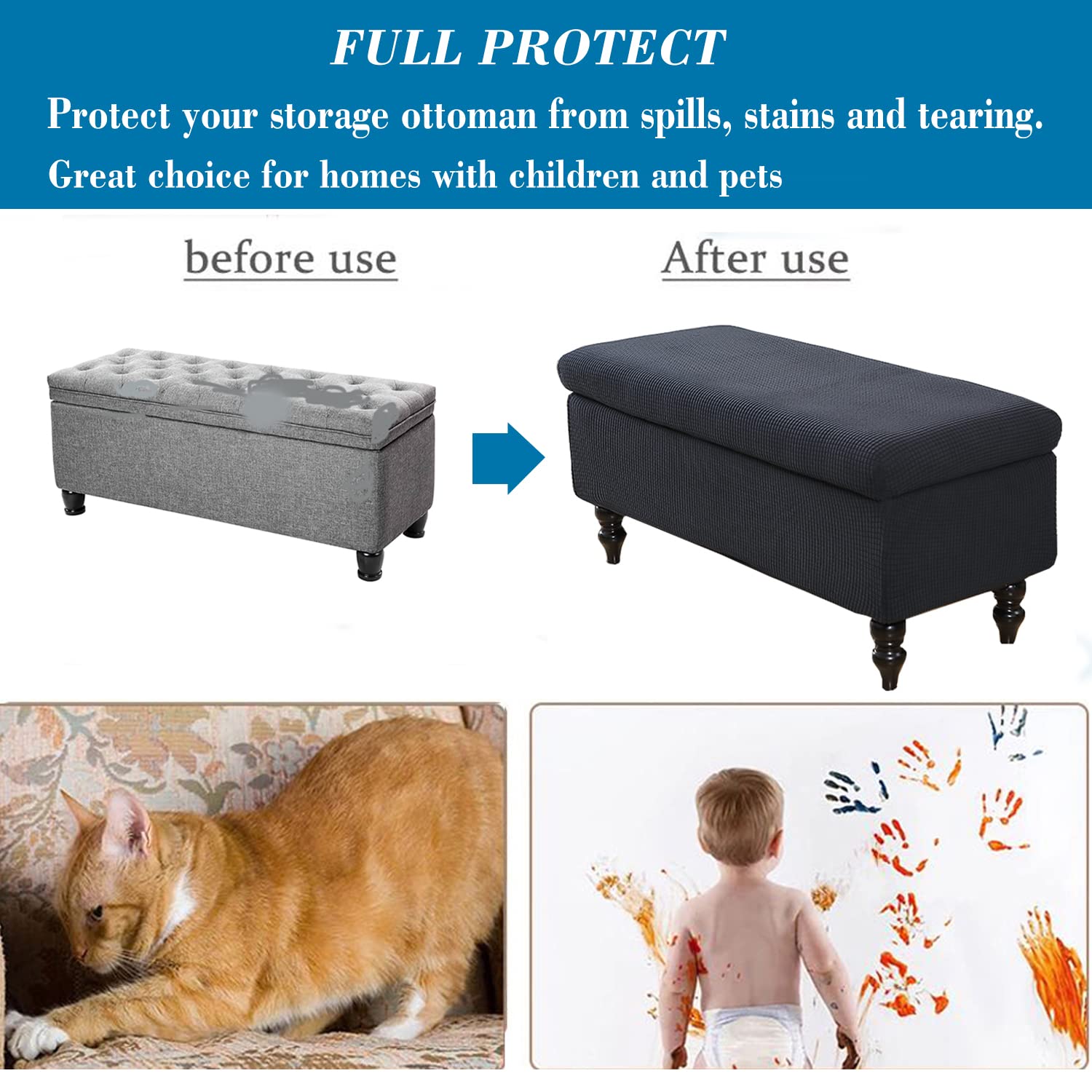 HFCNMY Storage Ottoman Cover,Stretch Rectangle Storage Bench Cover Knitted Jacquard Ottoman Covers Rectangle Folding Storage Bench Ottoman Cover Footrest Stool Slipcover Black Small