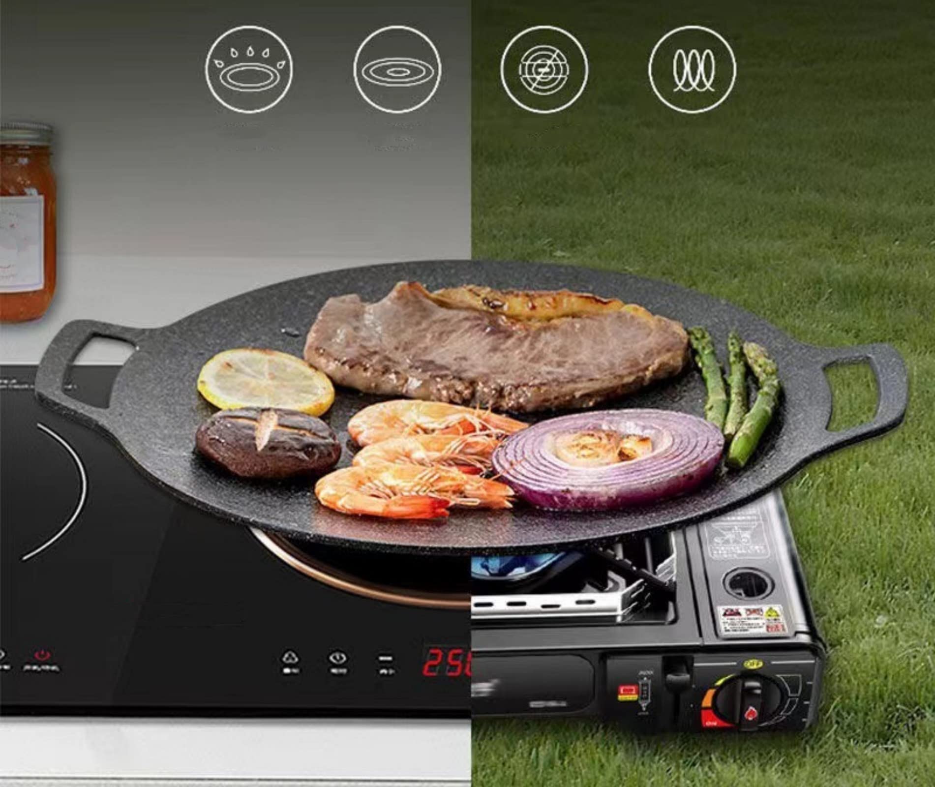 Korean BBQ Grill Pan Non-stick Marble Camping Round Griddle,Korean Non-stick Round Baking Pan,Korean BBQ Grill Pan, Round Barbecue Griddle Pan with Handle for Baking,Grill,BBQ