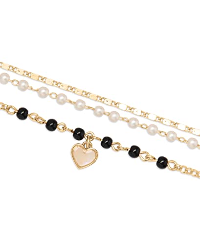 Lucky Brand Heart and Pearl Anklet Set, Gold, One Size
