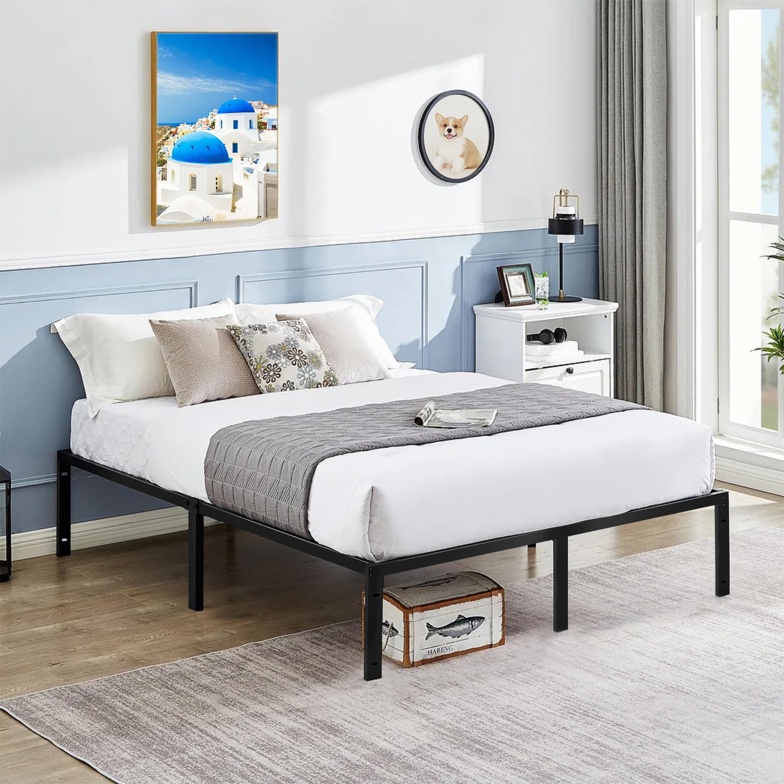 HFFTOO Metal Platform Bed with 9 Leg Base Queen Size Bed Frame with Ten Strong Metal Slats Support Black 79x59x14 Inch Black
