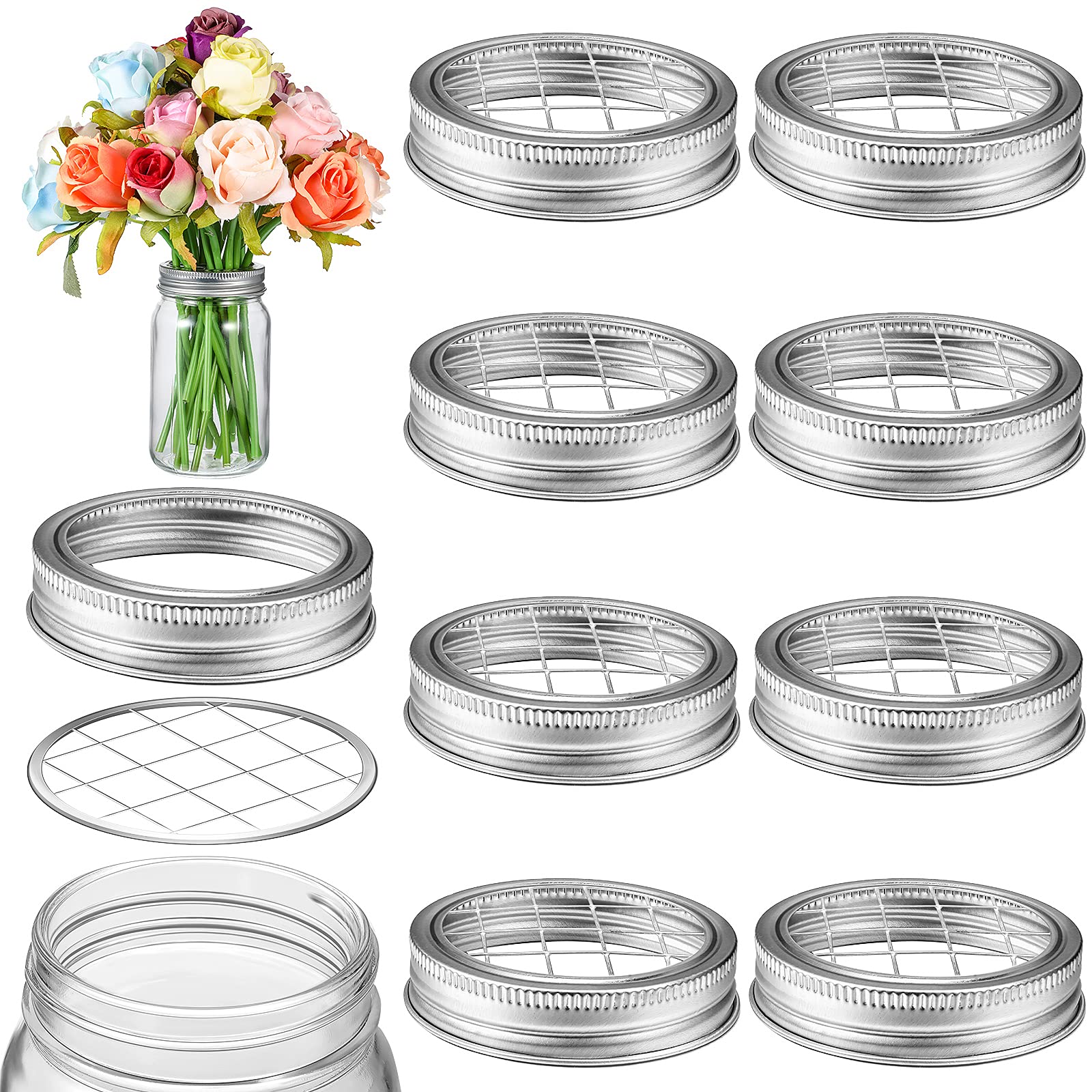 Mason Flower Jar Insert Lid Metal Flower Lid Insert Mason Grid Flower Organizer Lid Insert for Regular Mouth Mason Canning Jars (8 Sets)