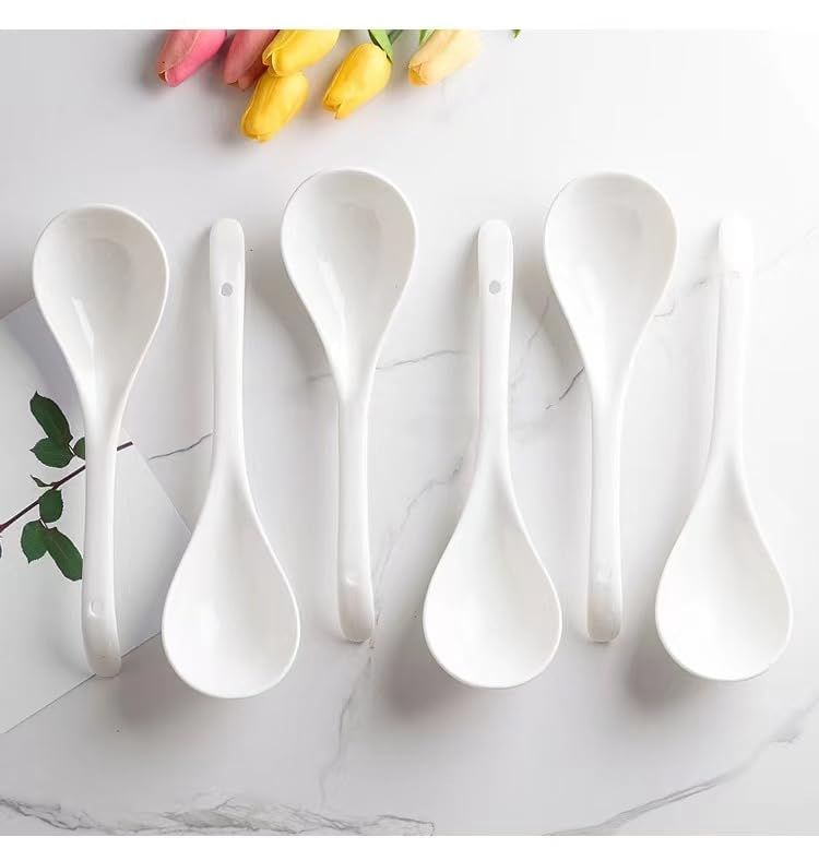 Soup Spoons, Asian Soup Spoons, Chinese Soup Spoons, Ceramic Spoons White Japanese Spoon Large for Dumpling Wonton Ramen Pho Miso, Deep Oval Hook Design, Set of 6