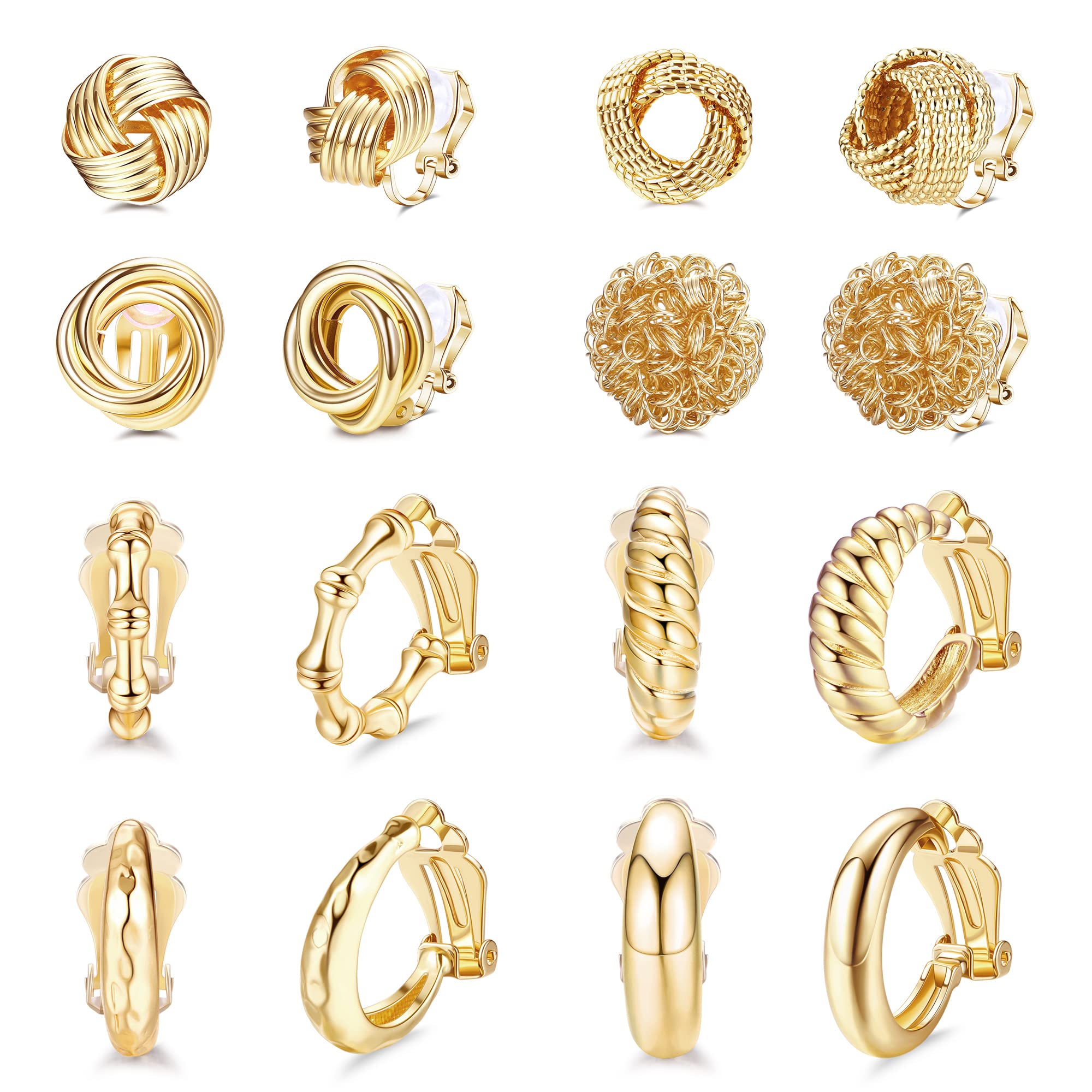 JeryWe 8 Pairs 14K Gold Clip On Earrings for Women Fashion Clip On Earrings Gold Silver Chunky Hoop Earrings No Piercing Fake Earrings Hypoallergenic