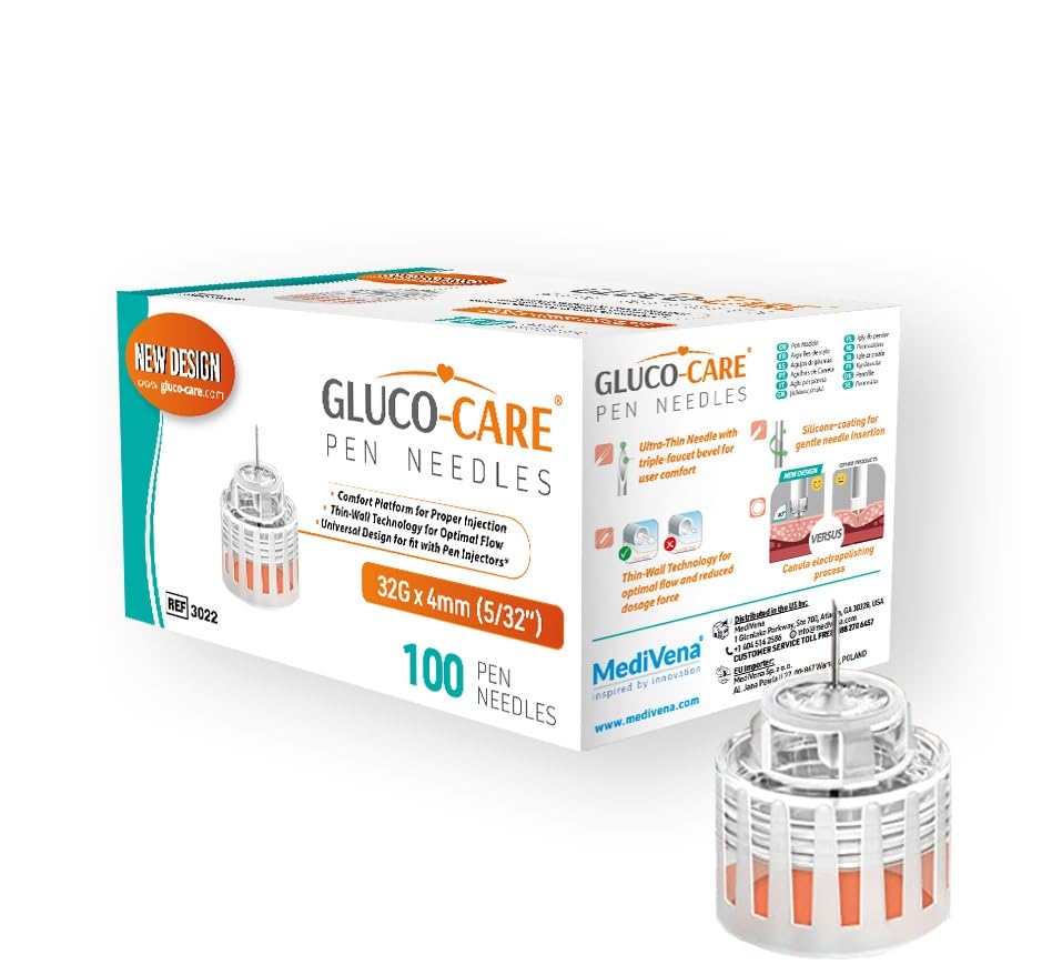 GLUCO-CARE Pen Tips 32G x 5/32’’ (4mm), Universal Fit, Optimal Skin-Contact Base for Comfort, Sterile, 100/bx