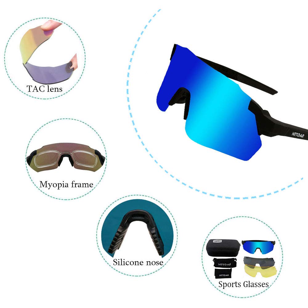 HTTOAR Cycling Glasses Sports Sunglasses with 3 Interchangeable Lenes for Men Women (Black blue)