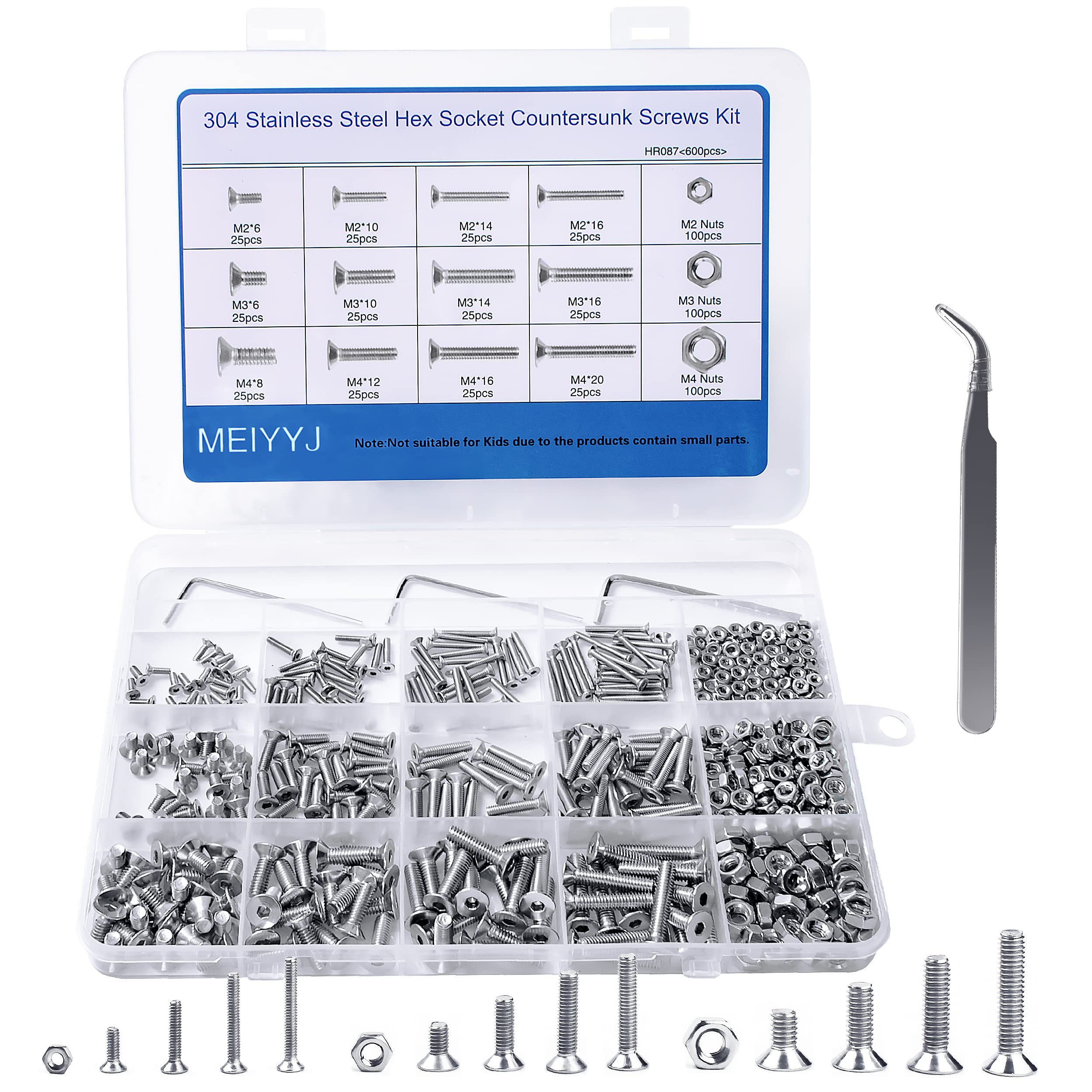 MEIYYJ 600pcs Metric M2 M3 M4 Flat Head Screws, 304 Stainless Steel Flat Head Countersunk Socket Cap Bolts Screw Nuts Assortment Kit, Allen Socket Drive