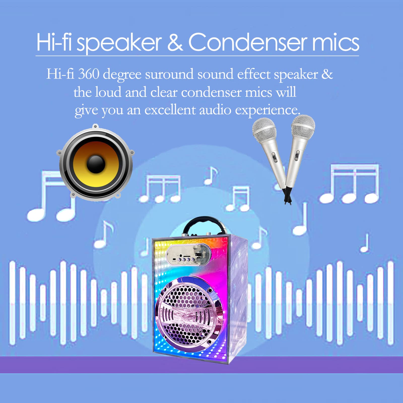 KaraMuizi Bluetooth Karaoke Machine for Kids and Adult, Mirror Surface Wooden Wireless Singing Speaker with 2 Microphones Dancing Light for Party Birthday Gift (Snow and Tree)
